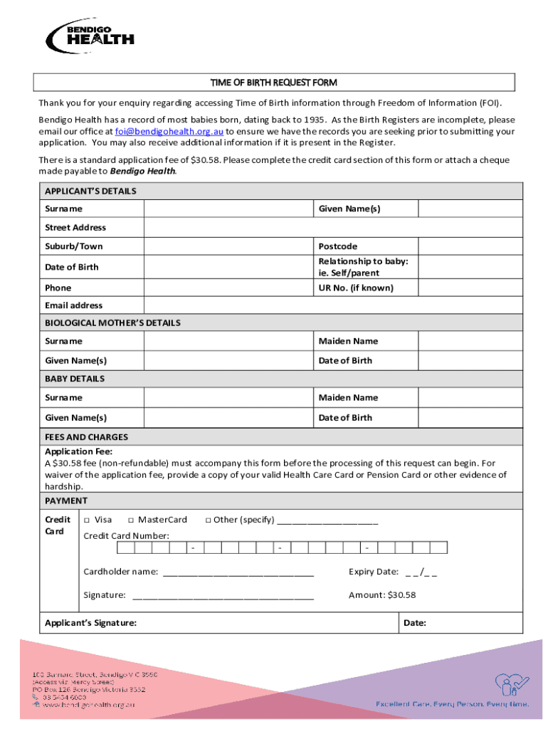 Fillable Online Time of Birth Request Form - Bendigo Health Fax Email ...