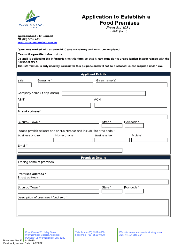 Fillable Online ECM11112448v4Application to Establish a Food Premises ...