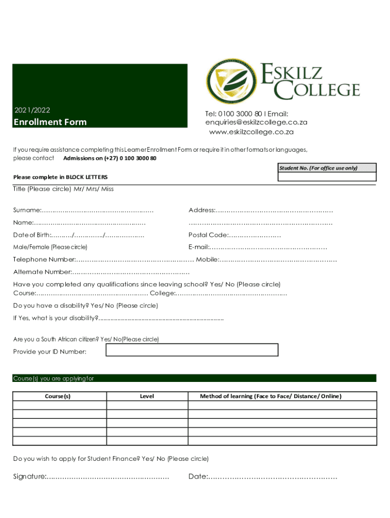 Fillable Online Eskilz College Enrollment Form Fax Email Print - pdfFiller