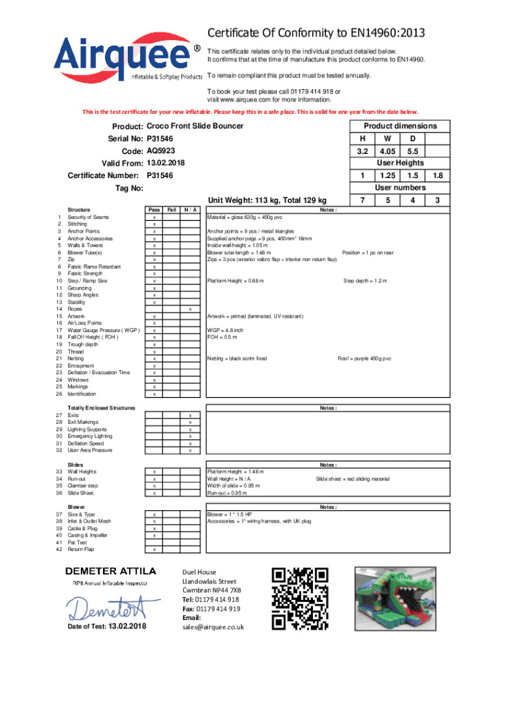 Fillable Online Certificate Of Conformity to EN14960 - The Bounce Department Fax Email Print ...