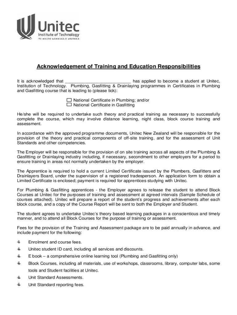 Fillable Online Acknowledgement of Training and Education ... - Unitec ...