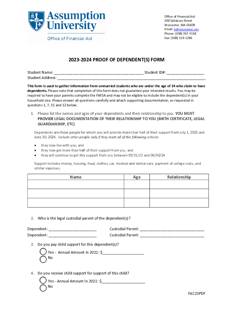 Fillable Online 2023-2024 PROOF OF DEPENDENT(S) FORM Fax Email Print ...