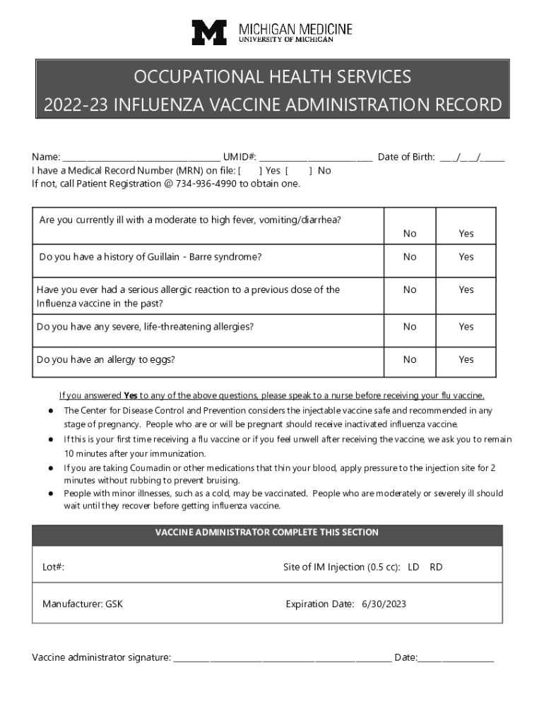 Fillable Online hr umich PATIENT RECORD OF INFLUENZA VACCINATION ...