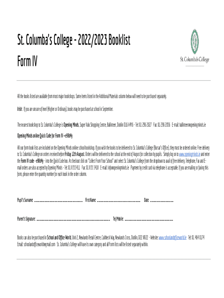 Fillable Online 2021/2022 Booklist Form IV - Dublin - St. Columba's College Fax Email Print ...