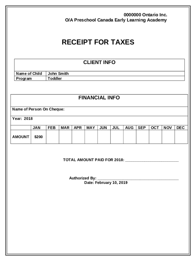 RECEIPT FOR TAXES - Preschool Canada Doc Template | pdfFiller
