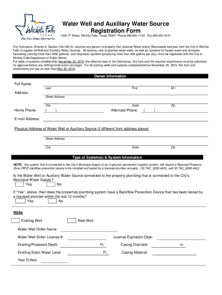 Fillable Online Water Well and Auxiliary Water Source Registration Form Fax Email Print - pdfFiller