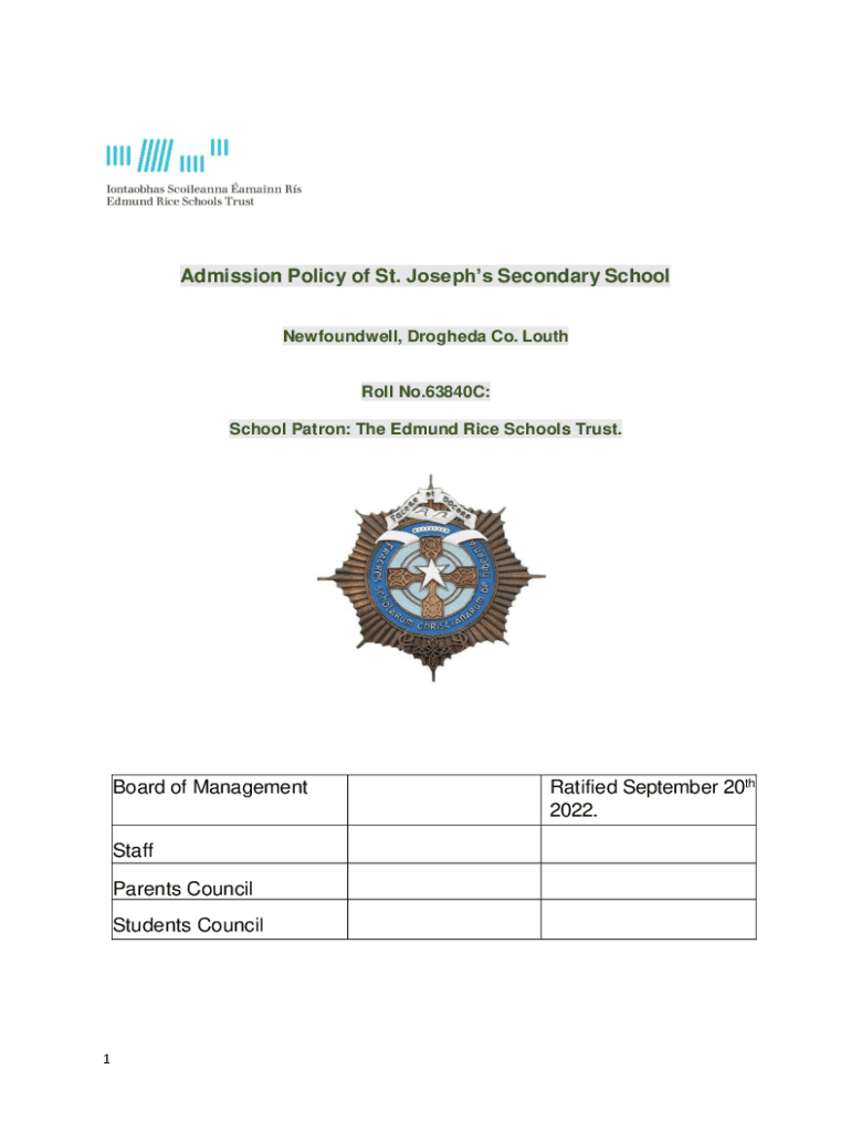 Fillable Online St. Joseph's Secondary School - Edmund Rice Schools Trust Fax Email Print ...