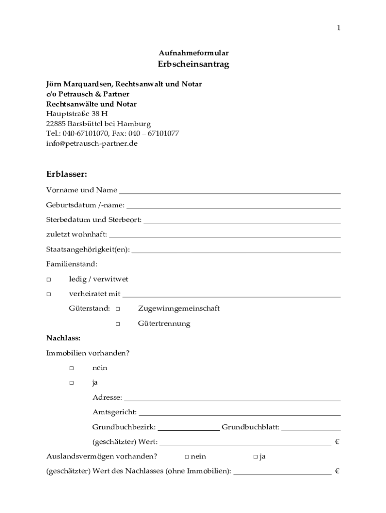 Fillable Online Erbscheinsantrag Erblasser: - Kanzlei Petrausch ...