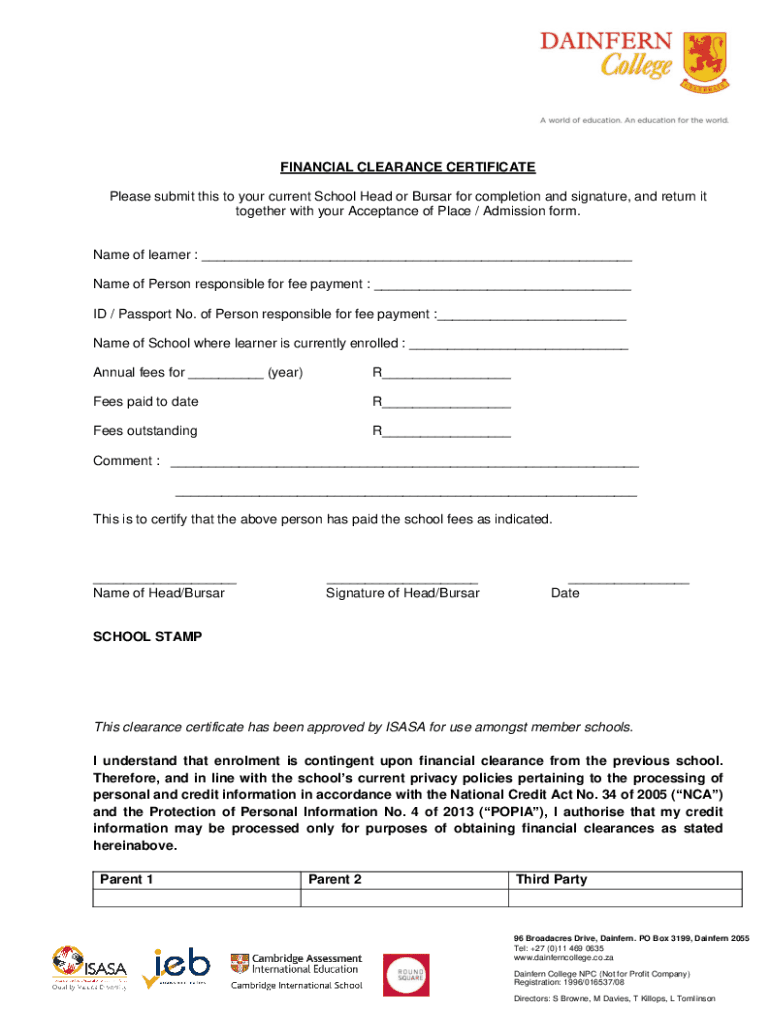 Fillable Online financial clearance certificate - Dainfern College Fax ...