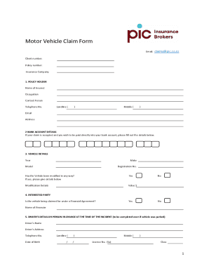 Fillable Online Motor Vehicle Claim Form - PIC Insurance Brokers Fax ...