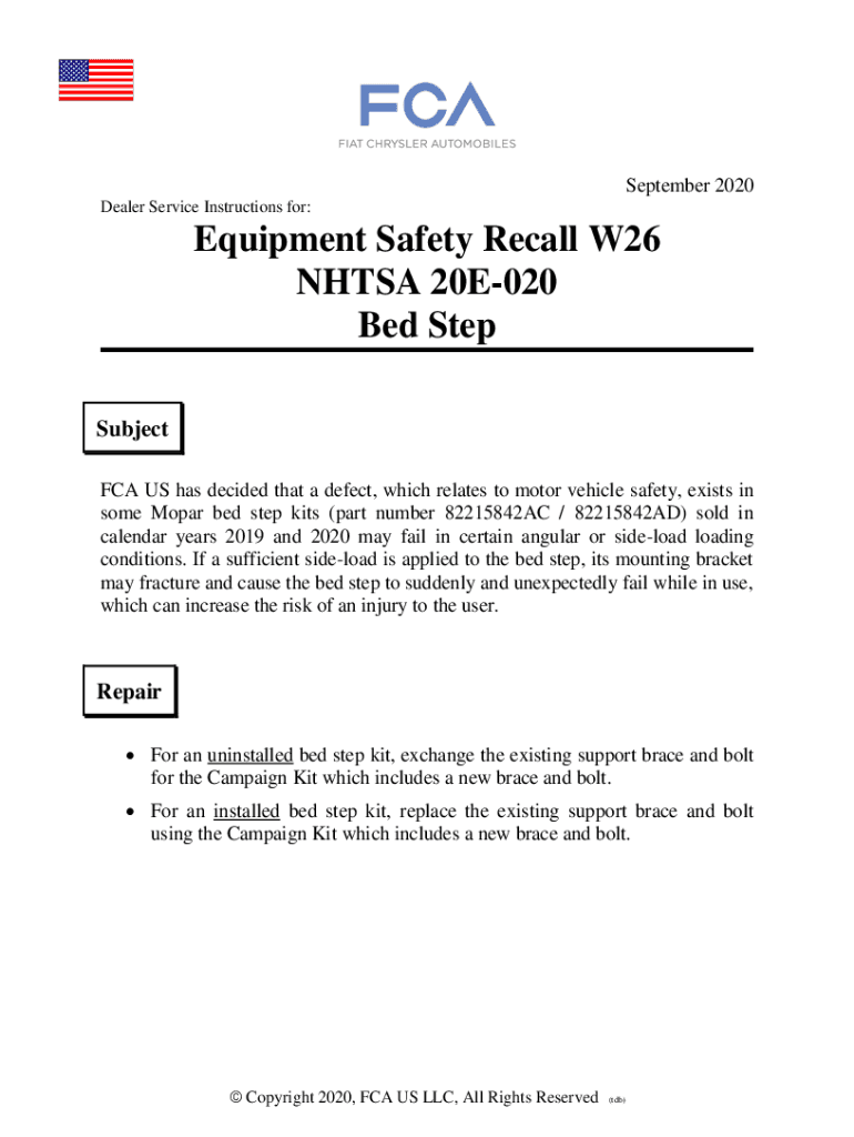 Fillable Online Equipment Safety Recall W26 NHTSA 20E-020 Bed Step Fax ...