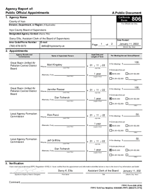 Fillable Online FPPC Form 806, Agency Report of Public Official ...