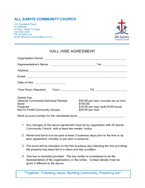 Fillable Online HALL HIRE AGREEMENT - All Saints Hamilton Fax Email ...