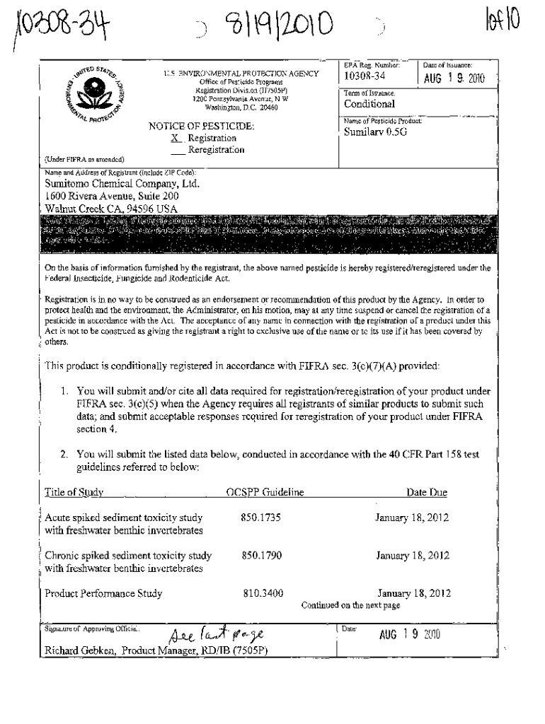 Fillable Online U.S. EPA, Pesticides, Label, SUMILARV 0.5G, 8/19/2010 ...