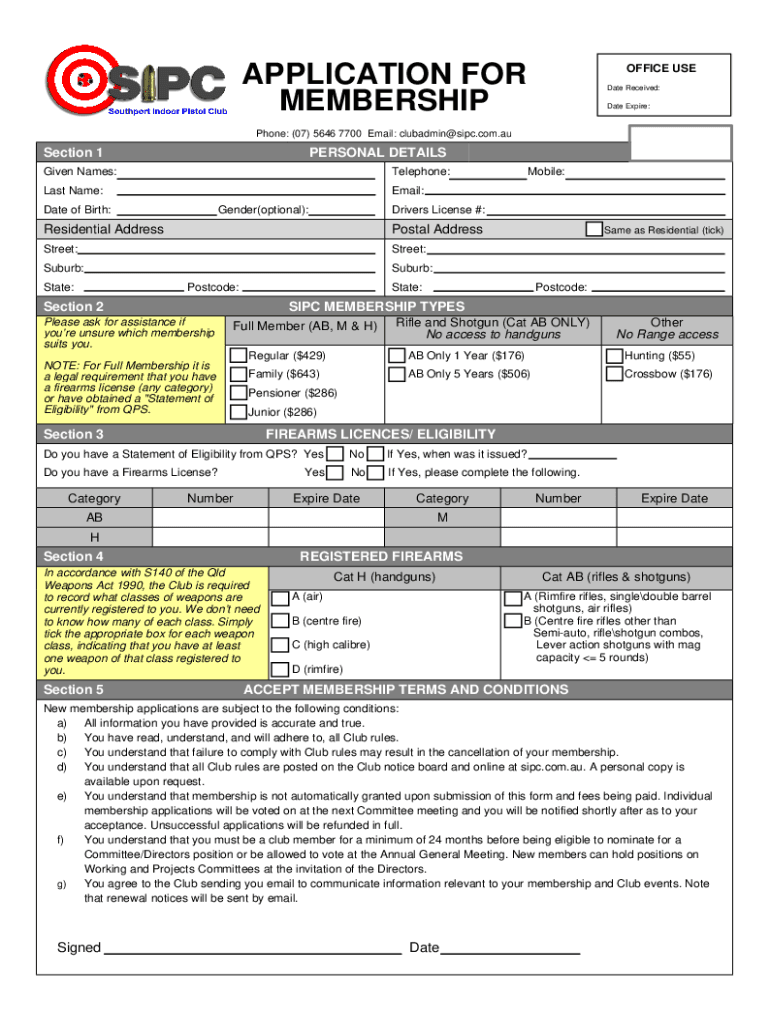 Fillable Online Membership Application Form - Southport Indoor Pistol ...