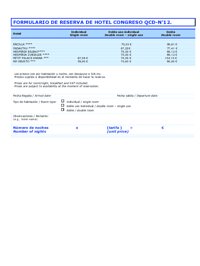 Fillable Online FORMULARIO RESERVA HOTEL QCD-N2012 Fax Email Print - pdfFiller