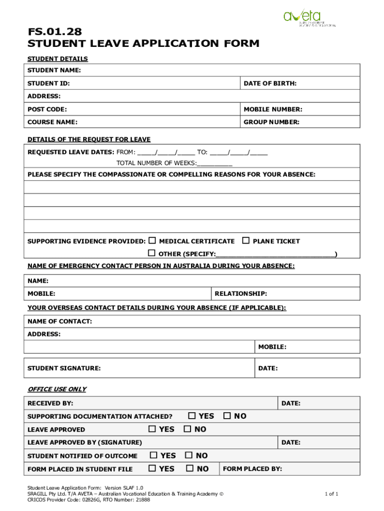 Fillable Online Form SS117 Student Leave Application Form - Baxter ...