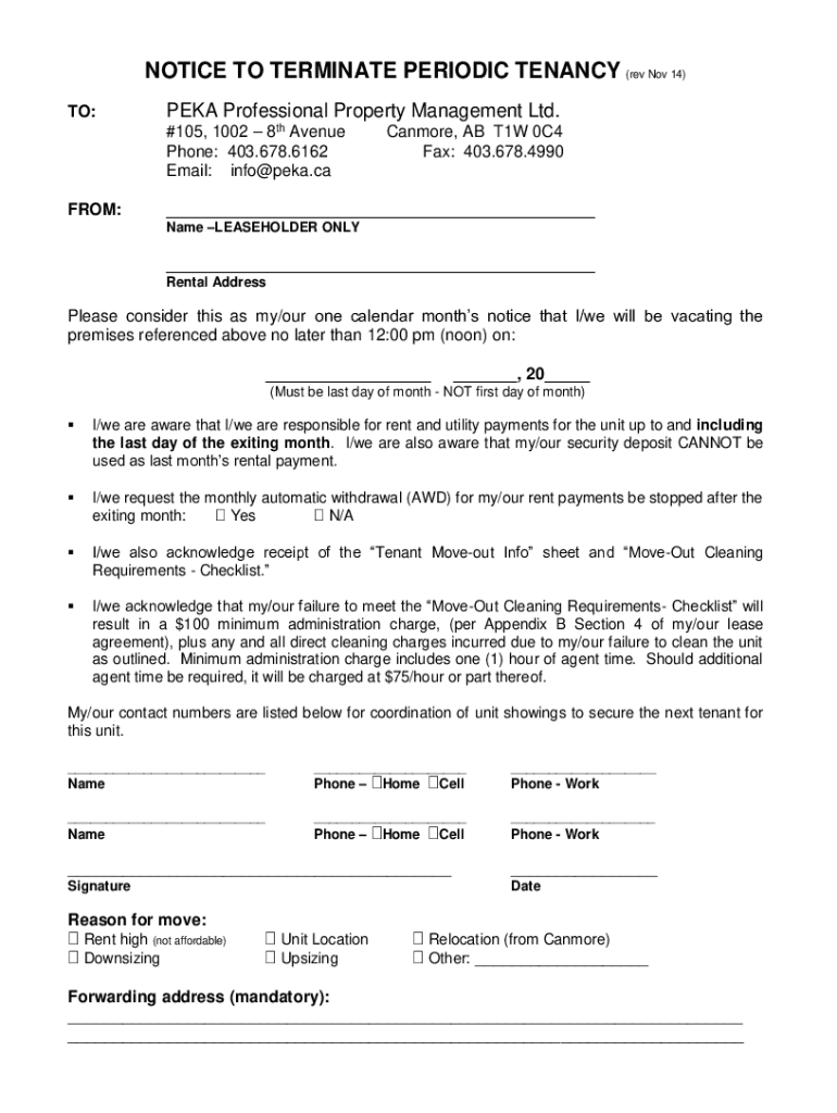 Fillable Online Notice of Termination of a Periodic Tenancy for ...
