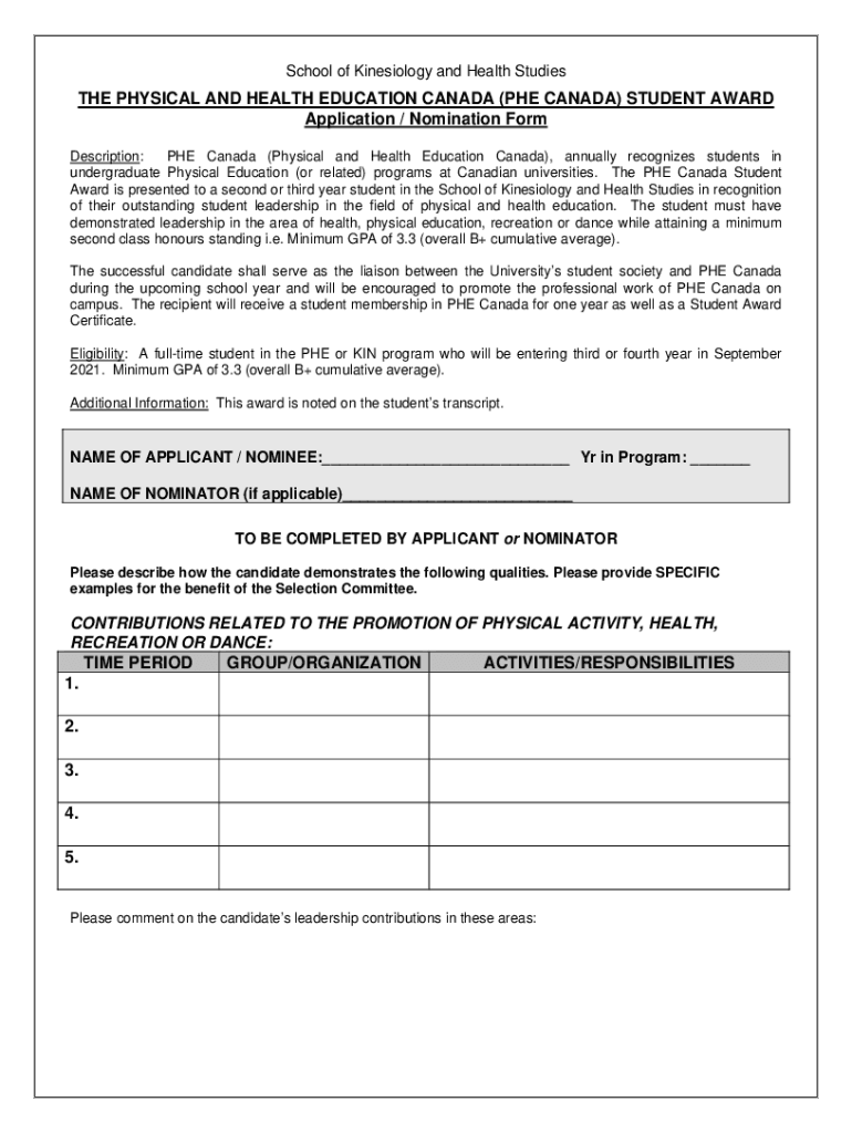 Fillable Online skhs queensu PHE Canada Student Award: Nomination Form Fax Email Print - pdfFiller