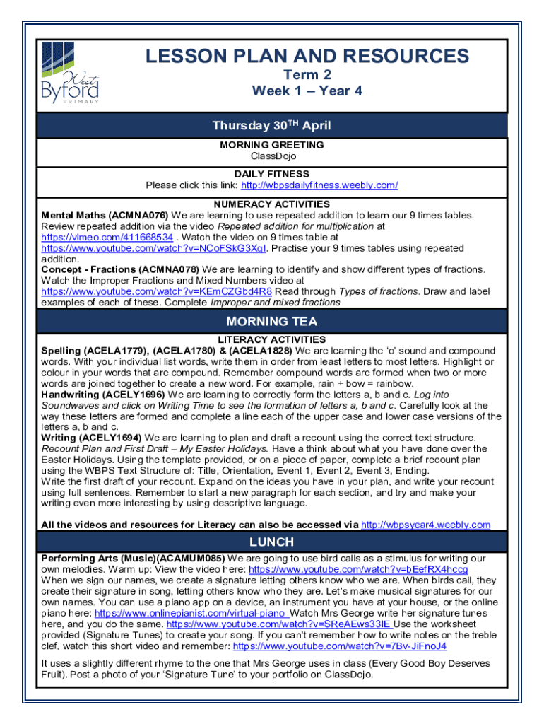 Fillable Online LESSON PLAN AND RESOURCES Fax Email Print - pdfFiller