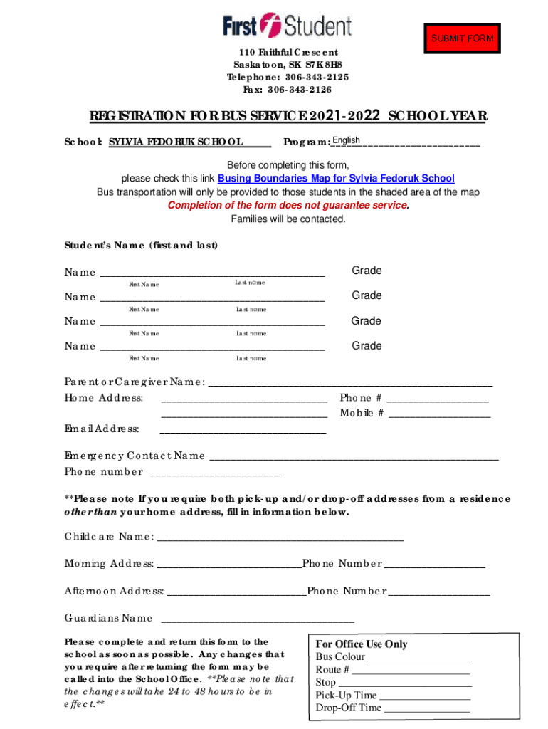 Fillable Online REGISTRATION FOR BUS SERVICE Fax Email Print - pdfFiller