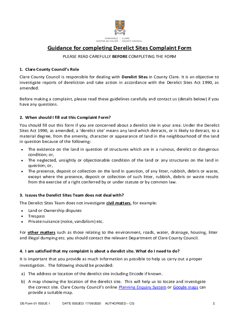 Fillable Online Derelict Sites Complaint Form. Derelict Sites Complaint ...