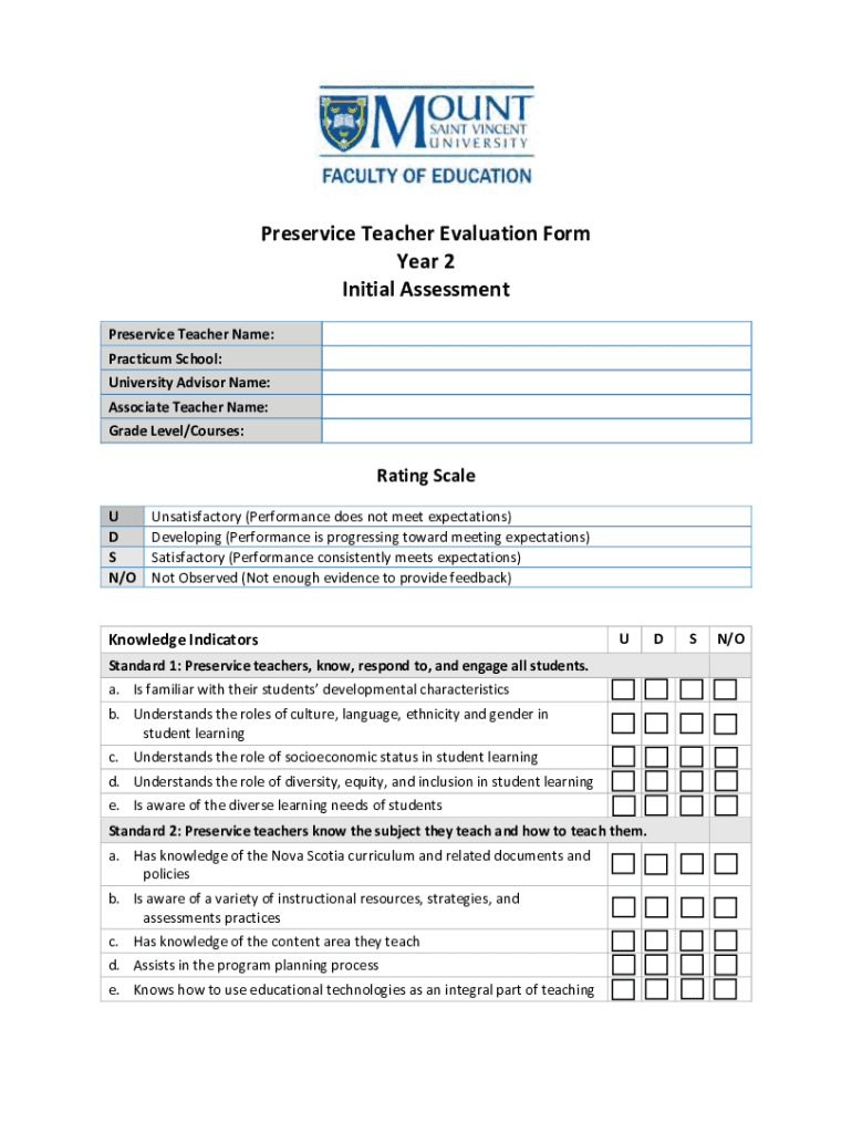 Fillable Online Preservice Teacher Evaluation Form Year 2 Initial Assessment Fax Email Print ...
