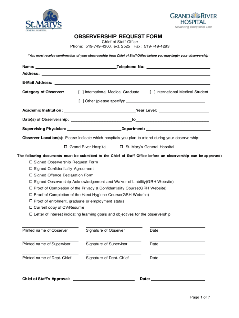 Fillable Online OBSERVERSHIP REQUEST FORM - Grand River Hospital Fax ...