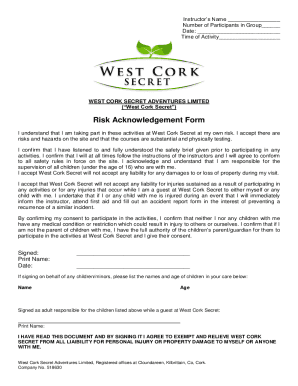 Fillable Online Risk Acknowledgement Form - West Cork Secret Fax Email ...