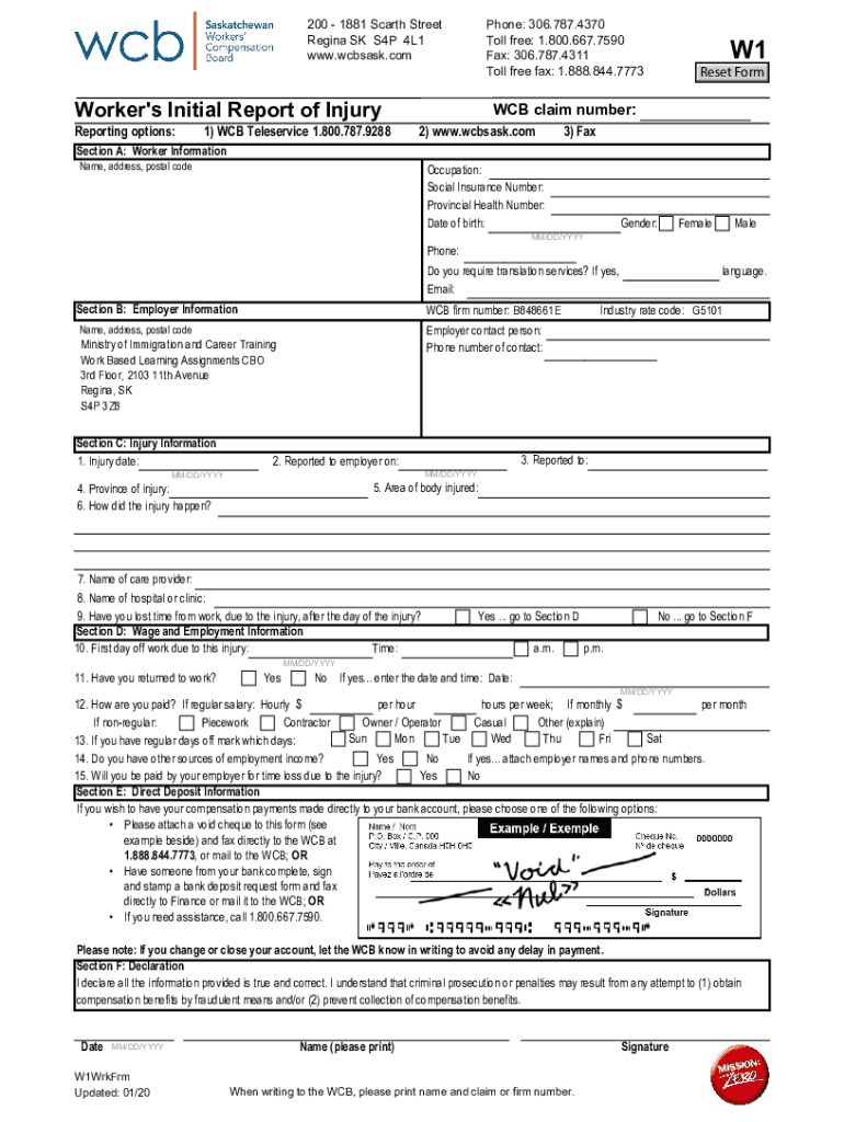 Fillable Online Worker's Initial Report of Injury (W1) Form - NET Fax ...