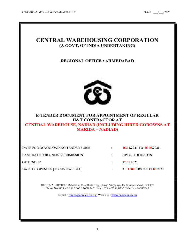 Fillable Online Regional Office, Chennai. No. CWC/RO-CNI/Busi/H&T-HSR ...