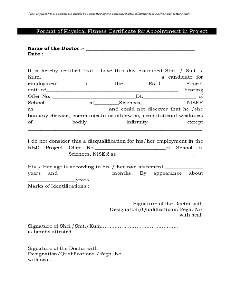 Fillable Online Format of Physical Fitness Certificate for Appointment ...