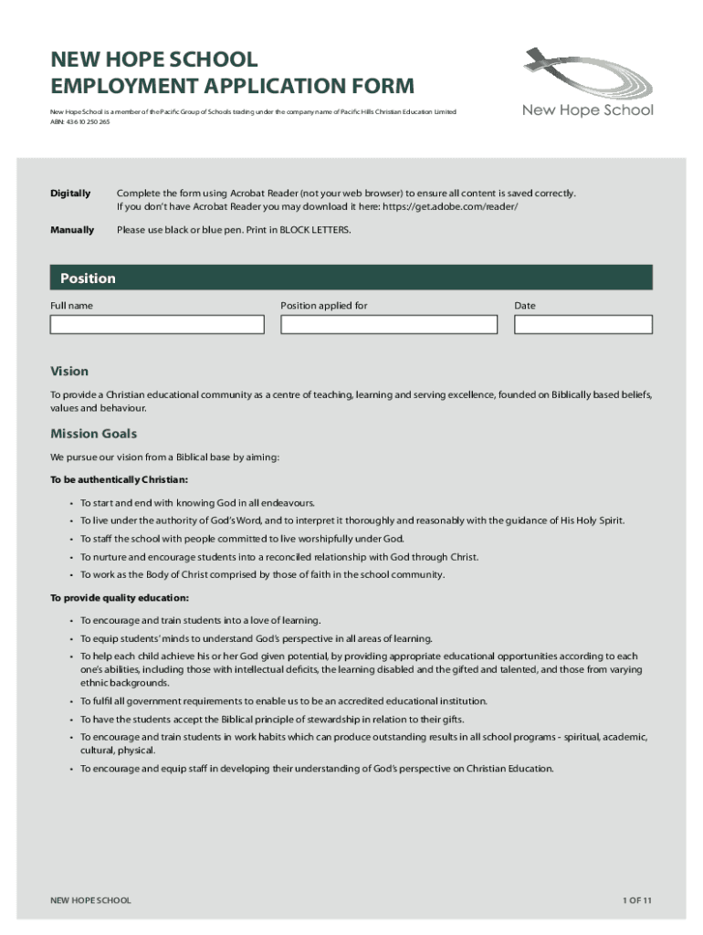 Fillable Online NEW HOPE SCHOOL EMPLOYMENT APPLICATION FORM Fax Email ...