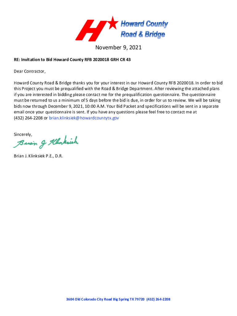 Fillable Online RE: Invitation to Bid Howard County RFB 2020018 GRH CR 43 Fax Email Print ...