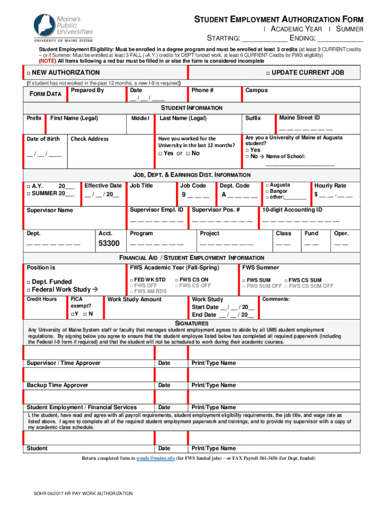 Fillable Online STUDENT EMPLOYMENT AUTHORIZATION FORM Fax Email Print ...