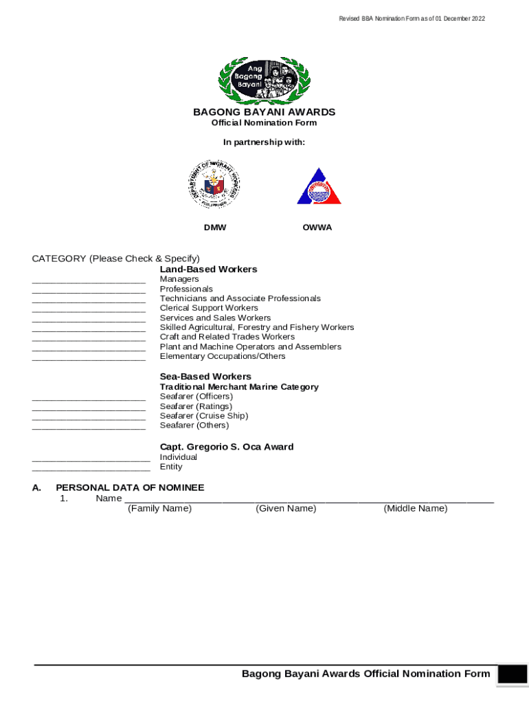 The Bagong Bayani Awards (BBA) is a worldwide Doc Template | pdfFiller