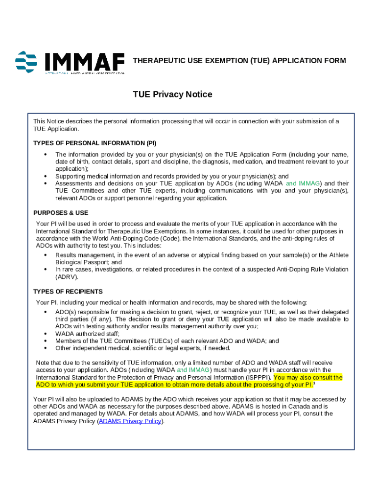 Therapeutic use exemption (TUE) application Doc Template | pdfFiller