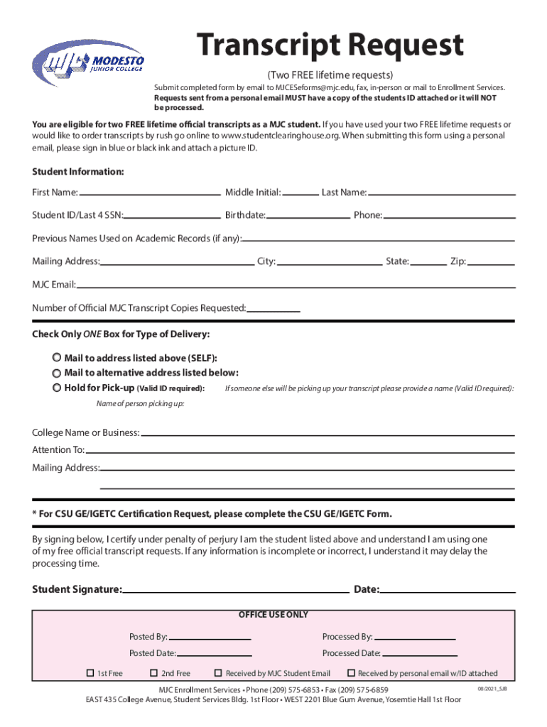 Fillable Online mjc yosemite cc ca Mjc Transcript - Fill and Sign ...