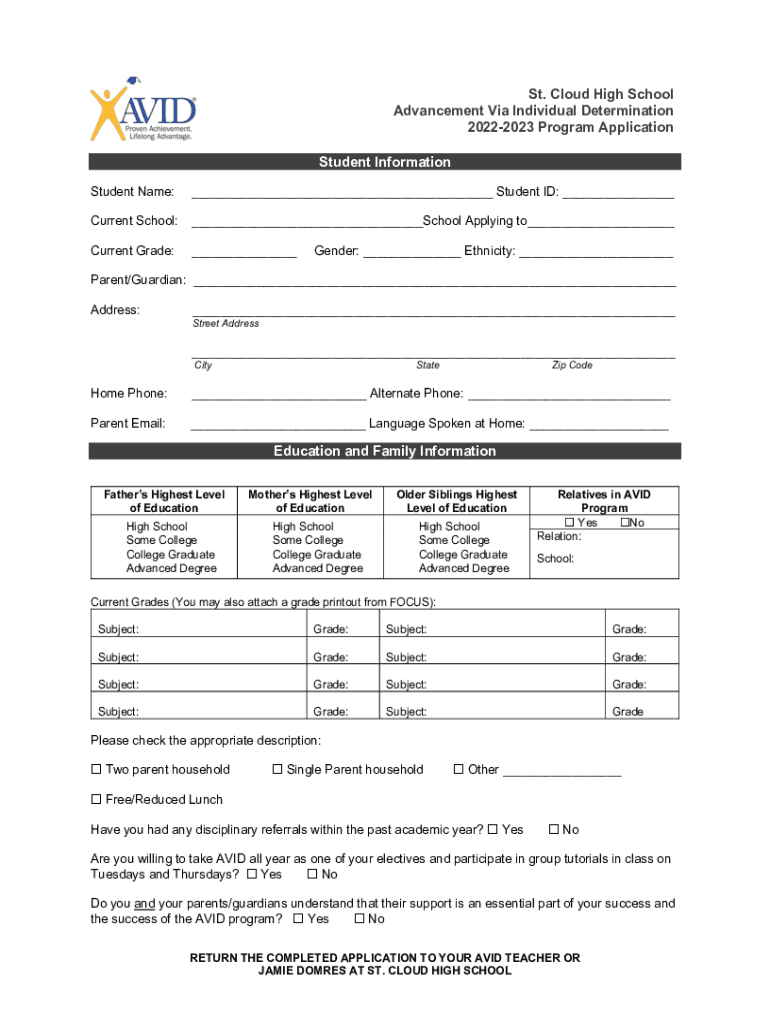 Fillable Online AVID Student Application - Elk River - ISD 728 Fax ...