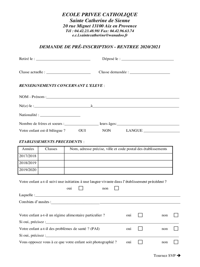 Fillable Online Ecole, collge et lyce Sainte-Catherine de SienneAix-en ... Fax Email Print ...
