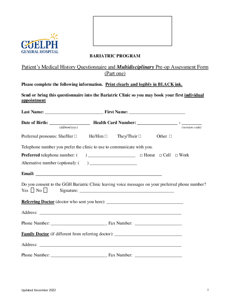Fillable Online Medical History Questionnaire for Weight Loss Surgery ...