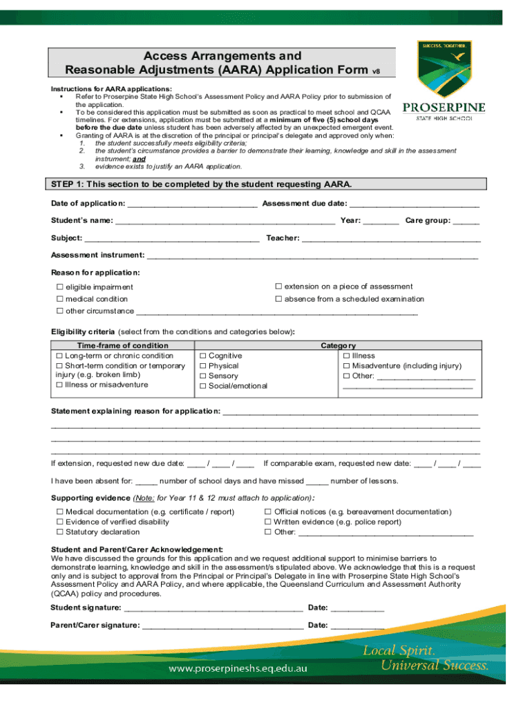 Fillable Online proserpineshs eq edu AARA-application-form.pdf ...