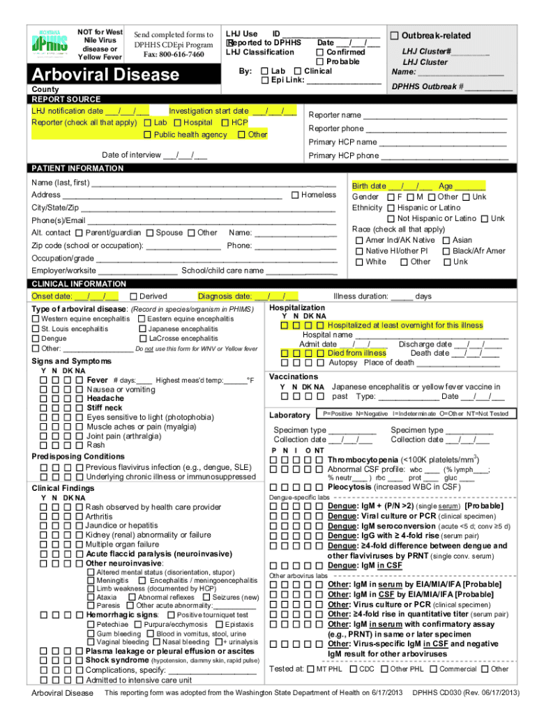 Fillable Online dphhs mt Disease Reporting Form For Arboviral Disease ...