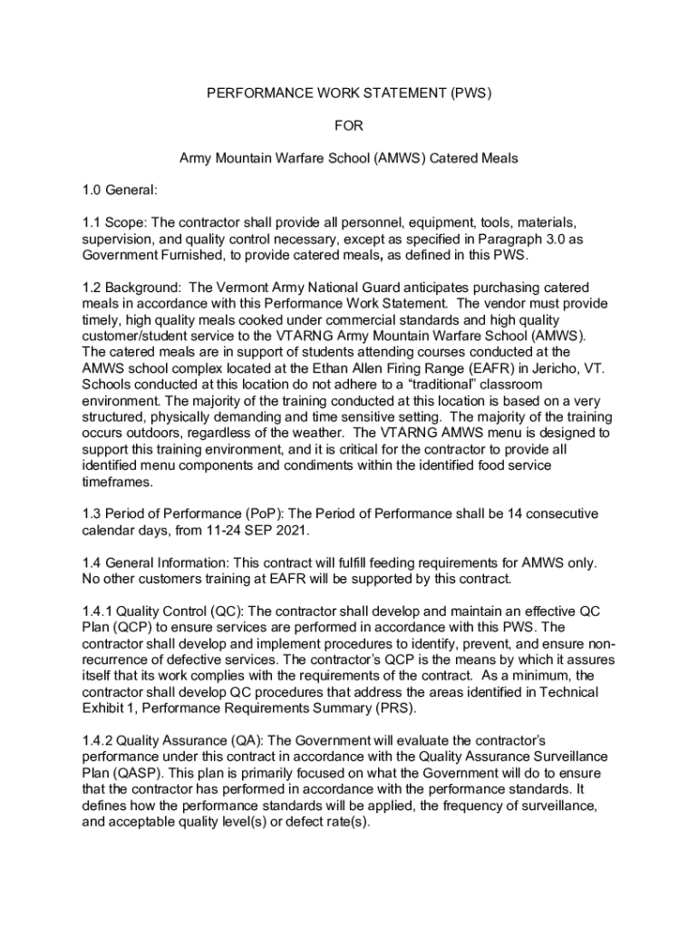 Fillable Online Perfomance work statement: free download. On-line ...