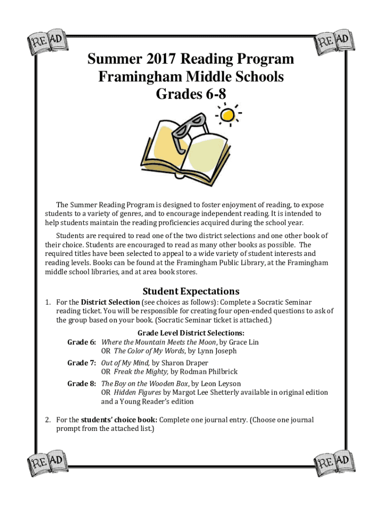 Fillable Online Teen Summer Reading Program - Framingham Public Library ...