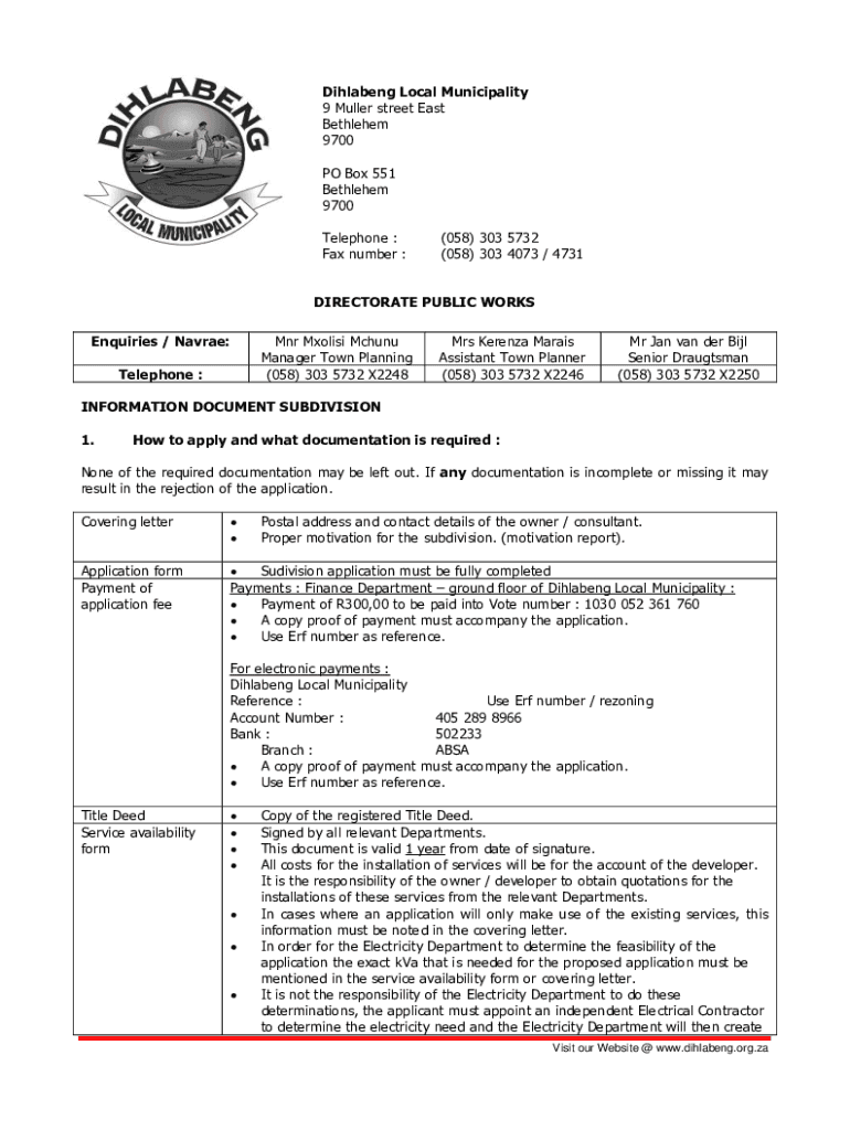 Fillable Online Dihlabeng Local Municipality 9 Muller street East Bethlehem ... Fax Email Print ...