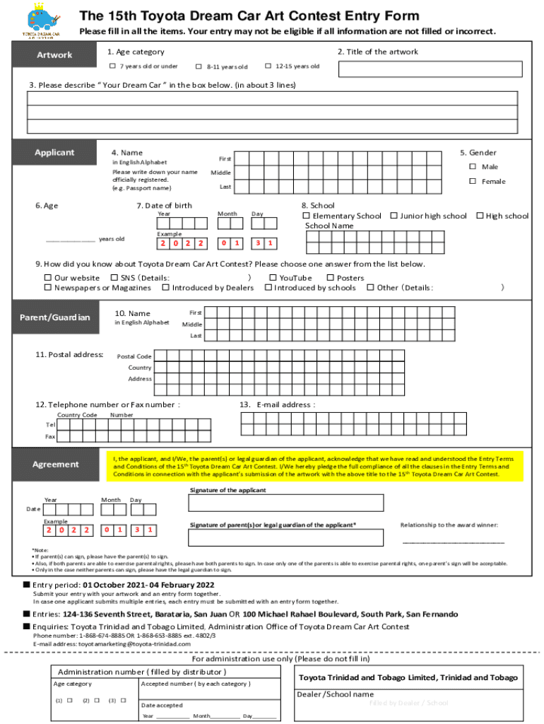 Fillable Online The 15th Toyota Dream Car Art Contest Entry Form - Al ...