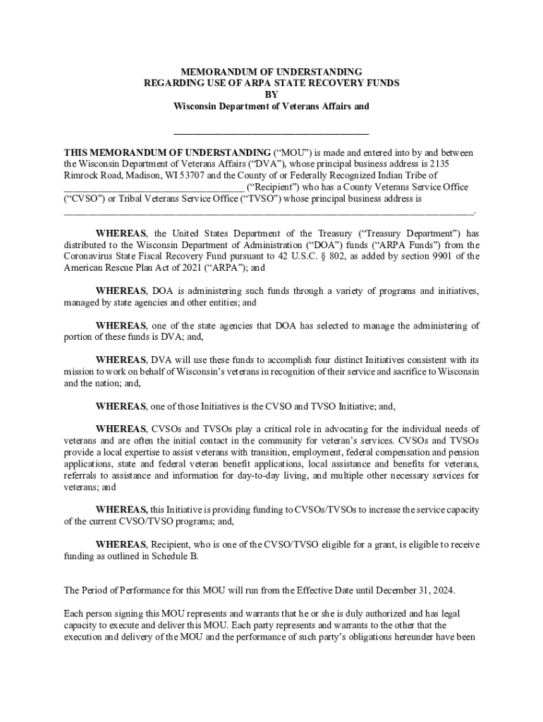 Fillable Online dva state wi Instructions for TVSO grant agreement for ...