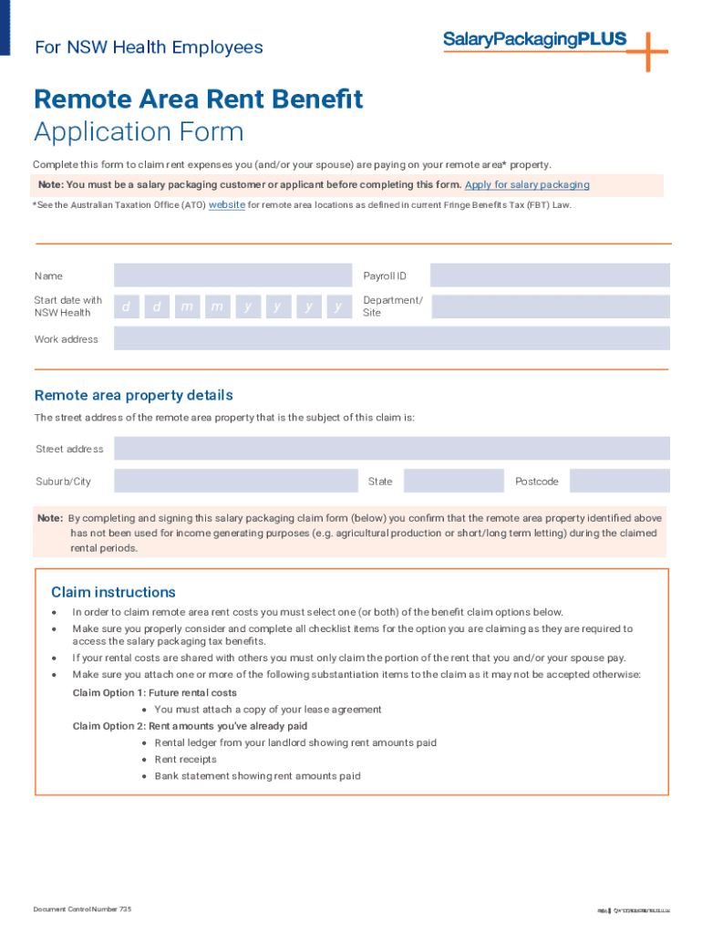 Fillable Online Remote Area Rent Benefit Application and Claim Form Fax ...