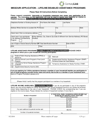 Fillable Online missouri applicationlifeline/disabled assistance programs Fax Email Print ...